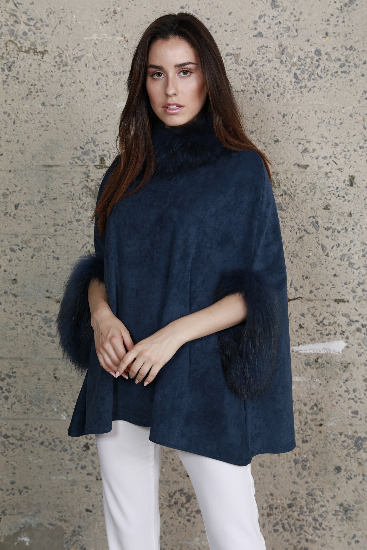 Faux Suede Fur Trimmed Poncho – Dolce Cabo