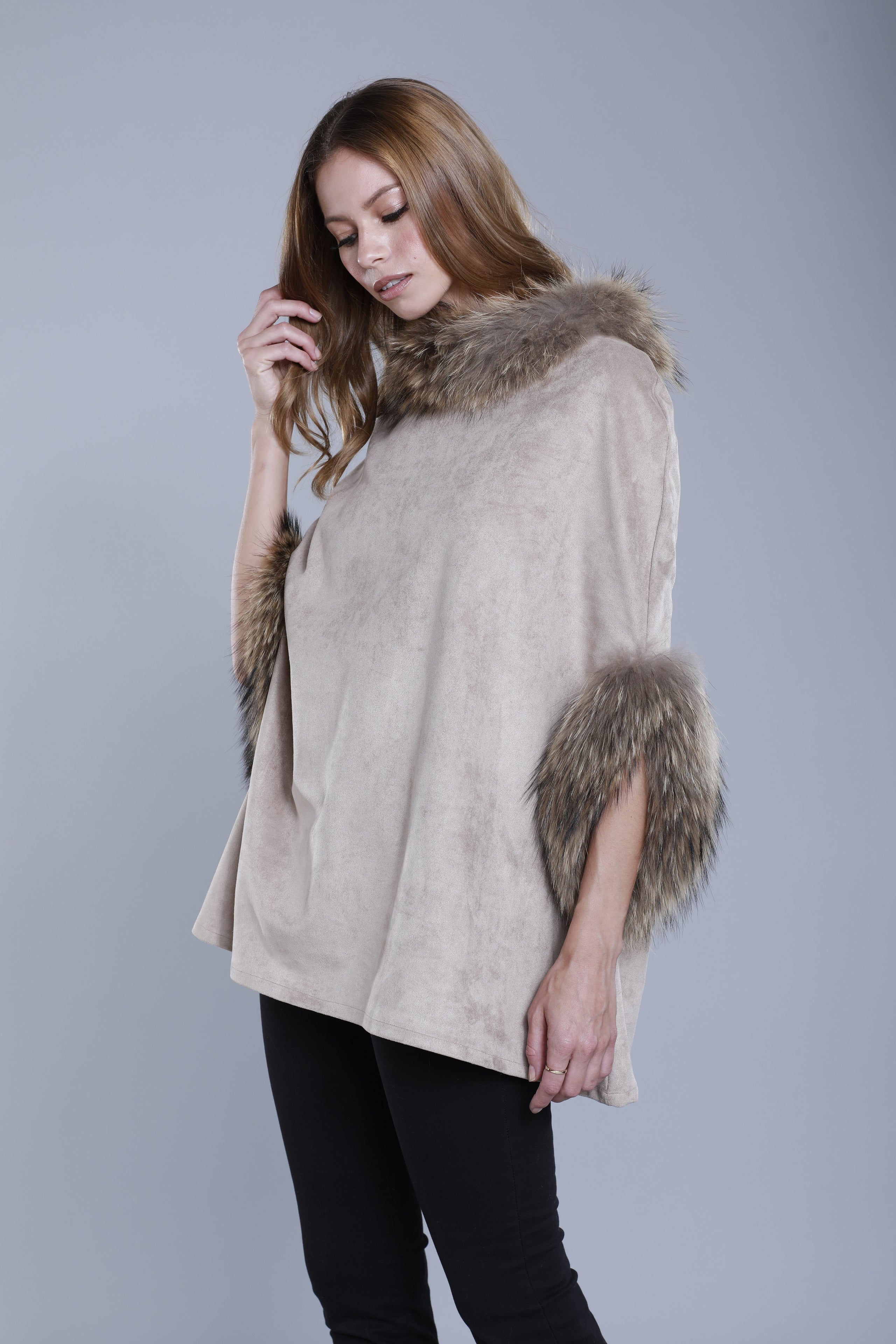Faux Suede Fur Trimmed Poncho – Dolce Cabo